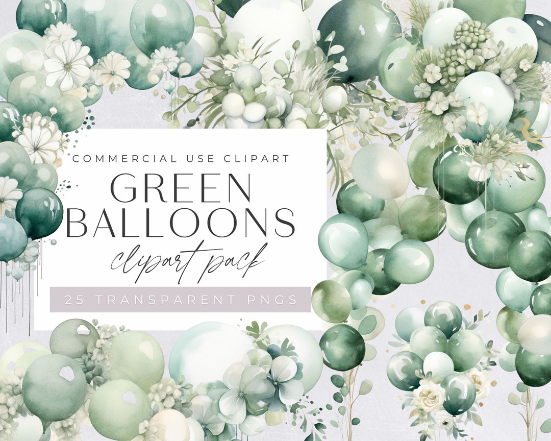 Green Balloons Clipart, Watercolor Birthday Party Decorations ...