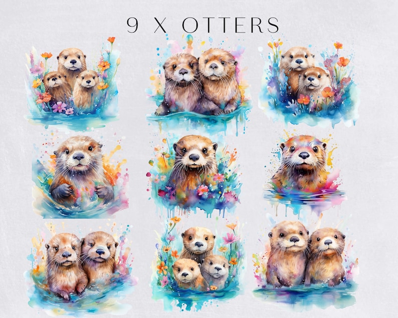 Otter Clipart, Kawaii Otters, Sea Creatures, Watercolor Illustrations ...