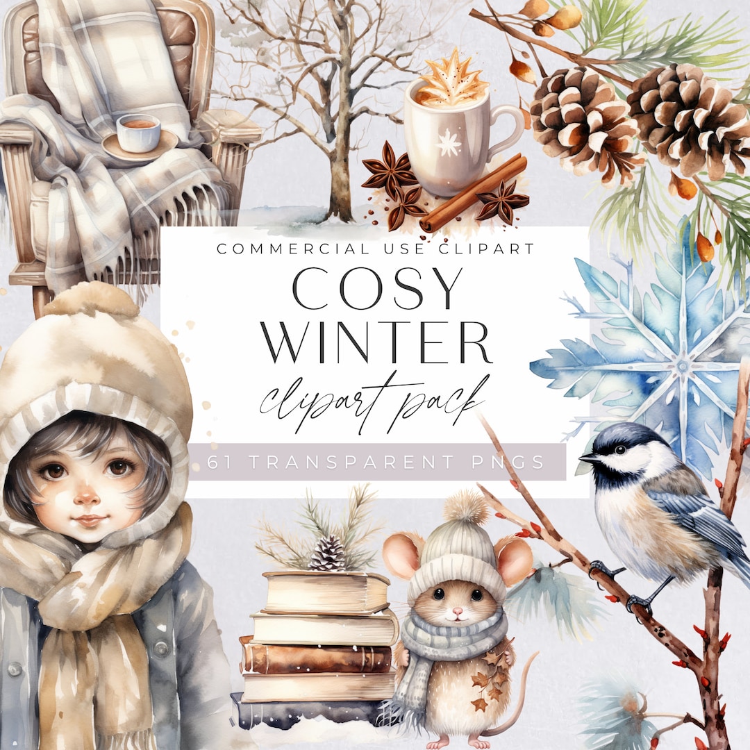 Cozy Season Winter Clipart, Cute Bird on Branch Clip Art, Cosy Seasonal ...