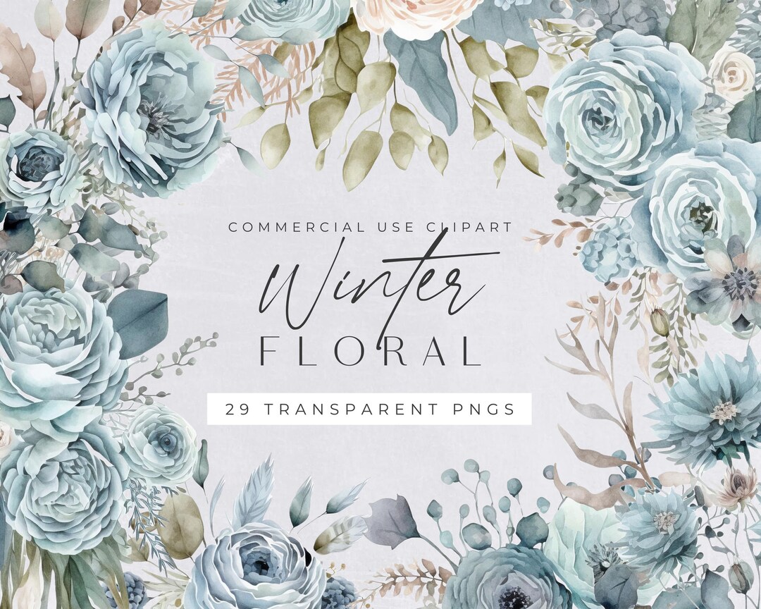 Winter Floral Watercolor Clipart Pack, Blue Elegant Flowers, Clipart ...