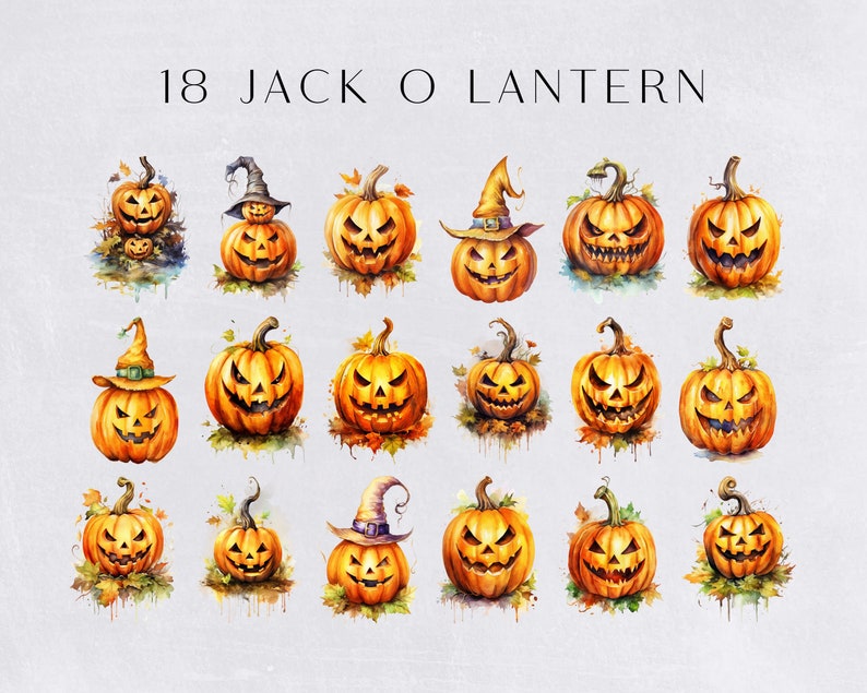 Jack O Lantern Clipart , Orange Watercolor Halloween Pumpkin Faces ...