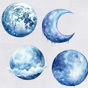 Over the Moon Clipart, Blue Watercolor Full & Half Moon Clip Art, Boy ...