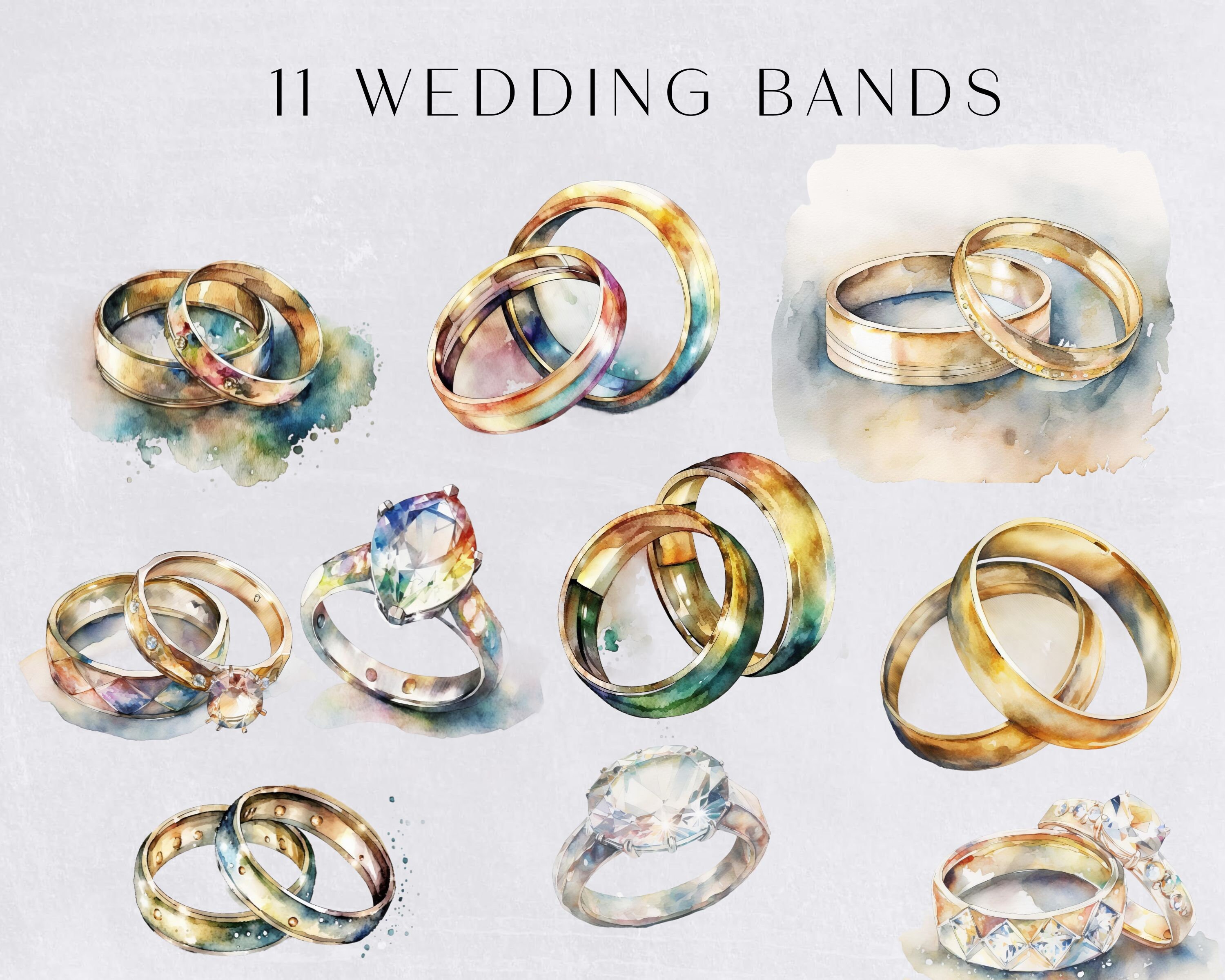 Wedding Bands Clipart, Gold, Diamond Engagement Rings Watercolor ...