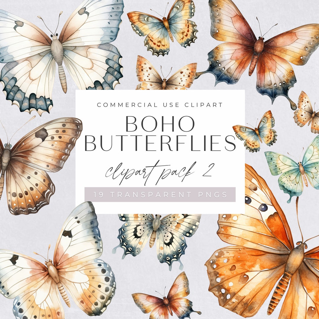 Boho Butterfly Clipart, Watercolor Abstract Butterflies Clip Art Bundle ...