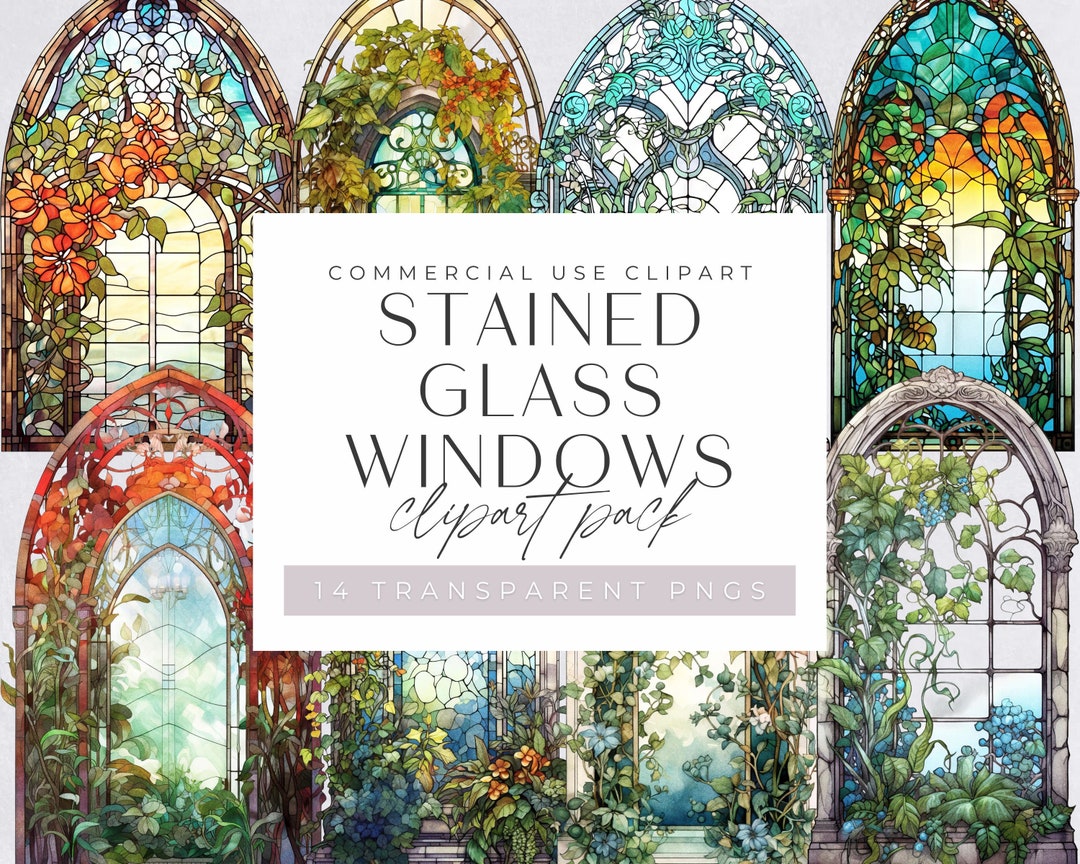 Stained Glass Windows Clipart, Colourful Vintage Window With Flowers ...