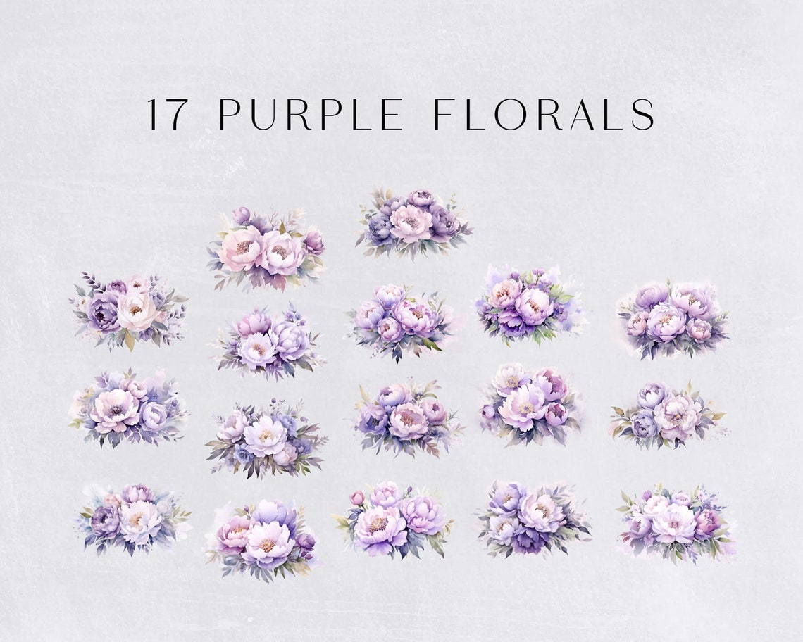 Purple Floral Clipart, Lilac and Lavender Watercolor Flowers ...