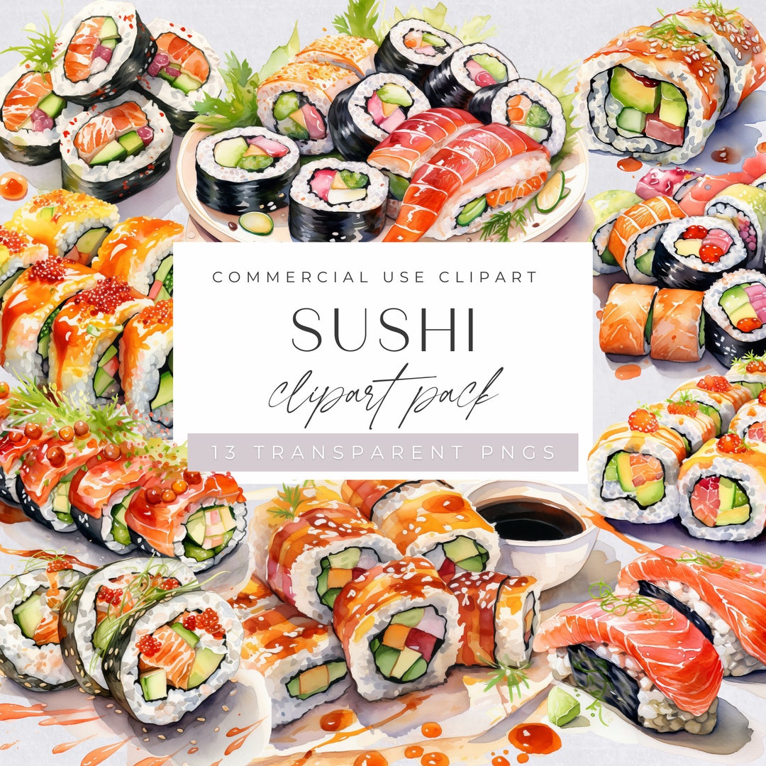Sushi Clipart, California Roll Clip Art, Watercolor Japanese Food ...