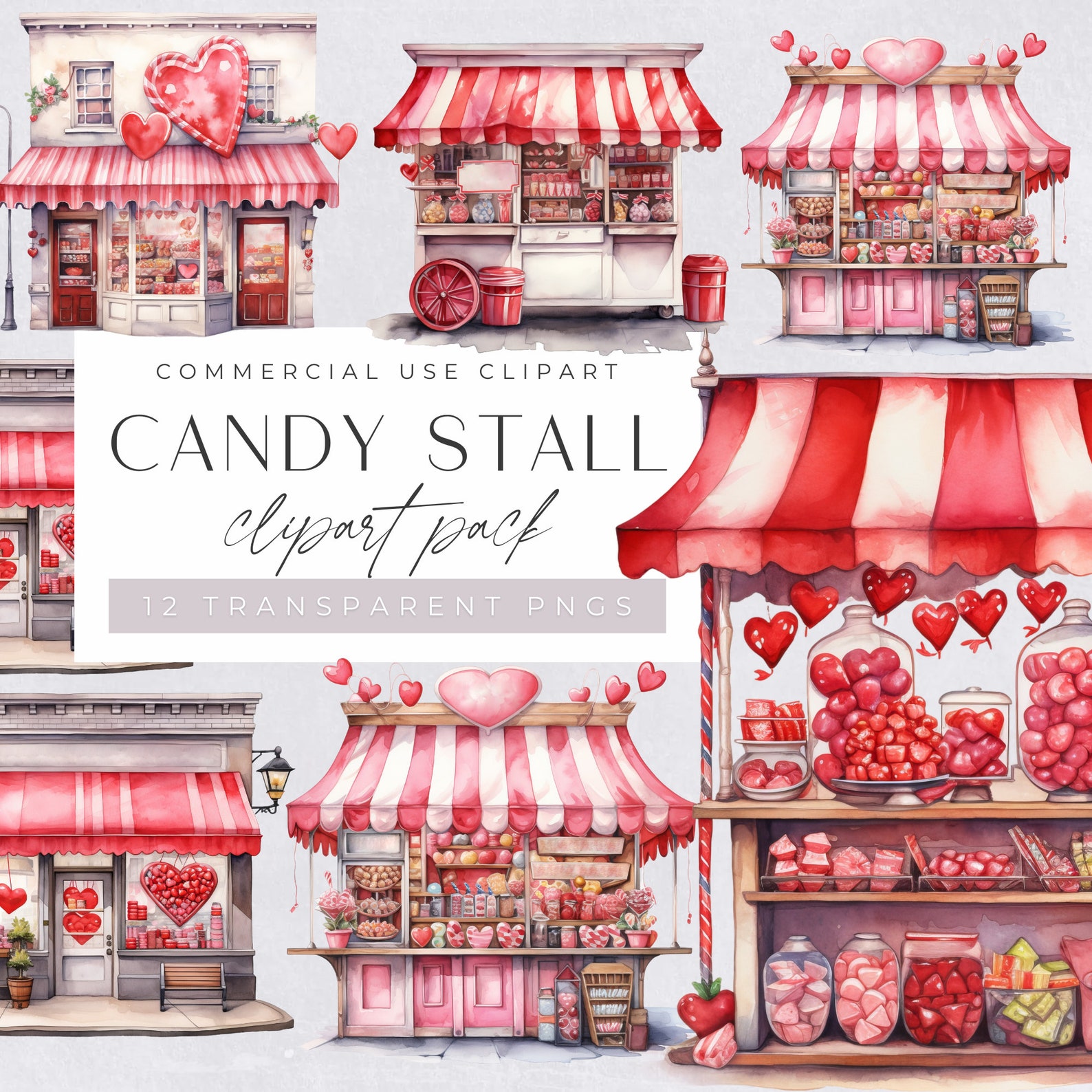 Cute Valentines Candy Shop Clipart, Red and White Watercolor Shop Front ...
