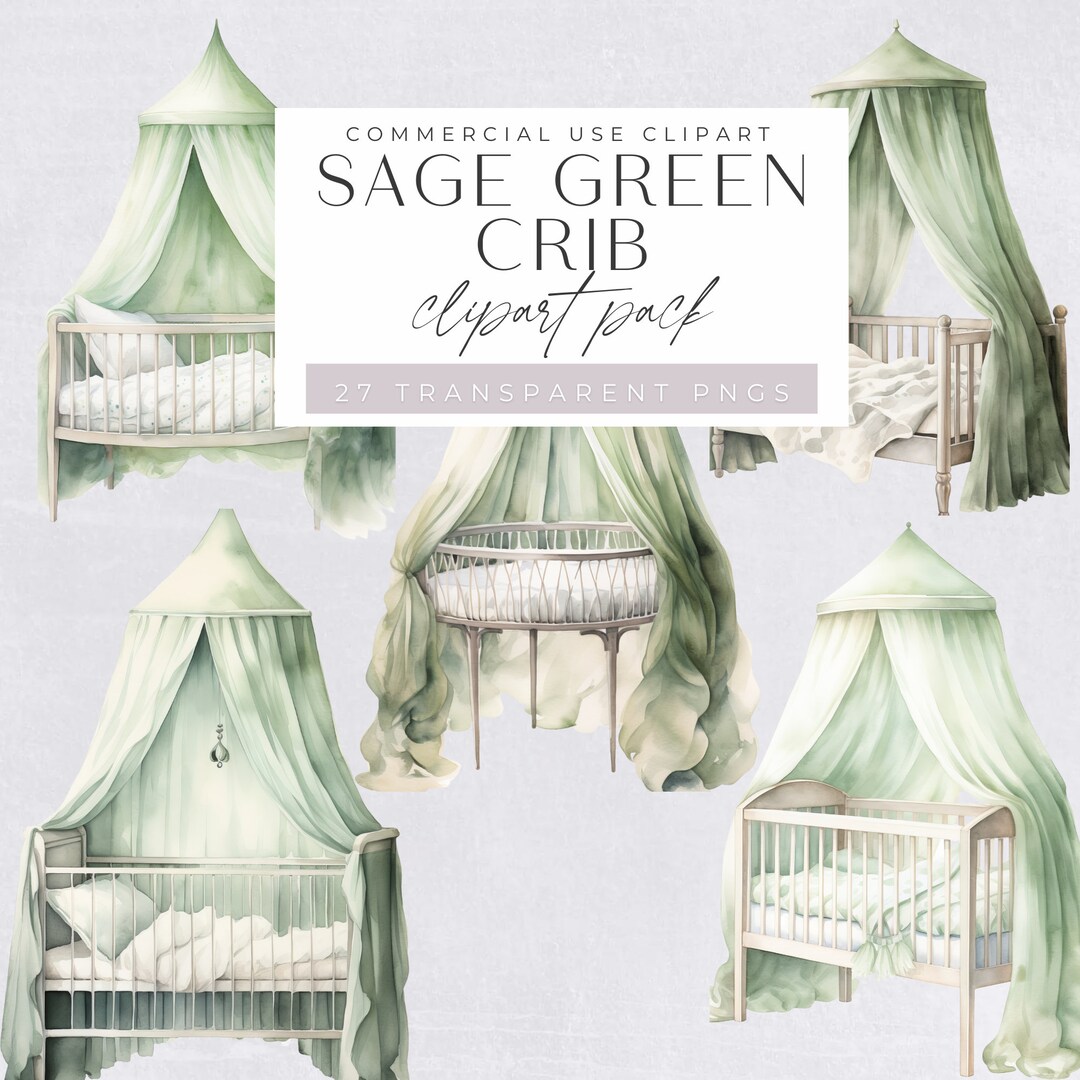 Sage Green Baby Crib Clipart, Baby Shower, Moses Basket Graphic, Stand ...