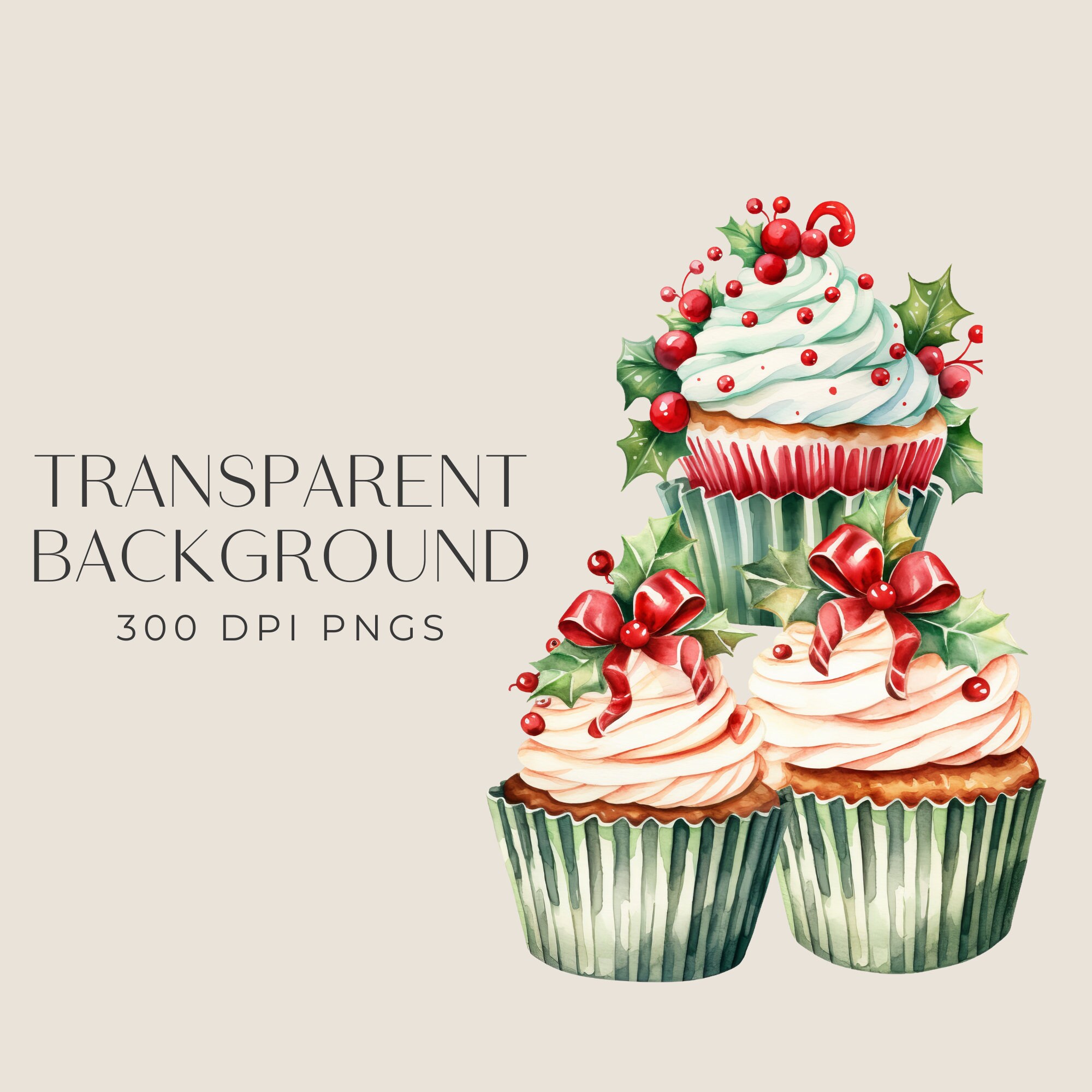 Christmas Cupcakes Clipart, Bakery Clipart, Watercolor Dessert, Festive ...