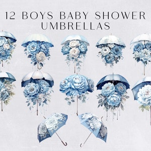 Boys Blue Baby Shower Umbrella Clipart Pack, Dusty Blue Floral ...