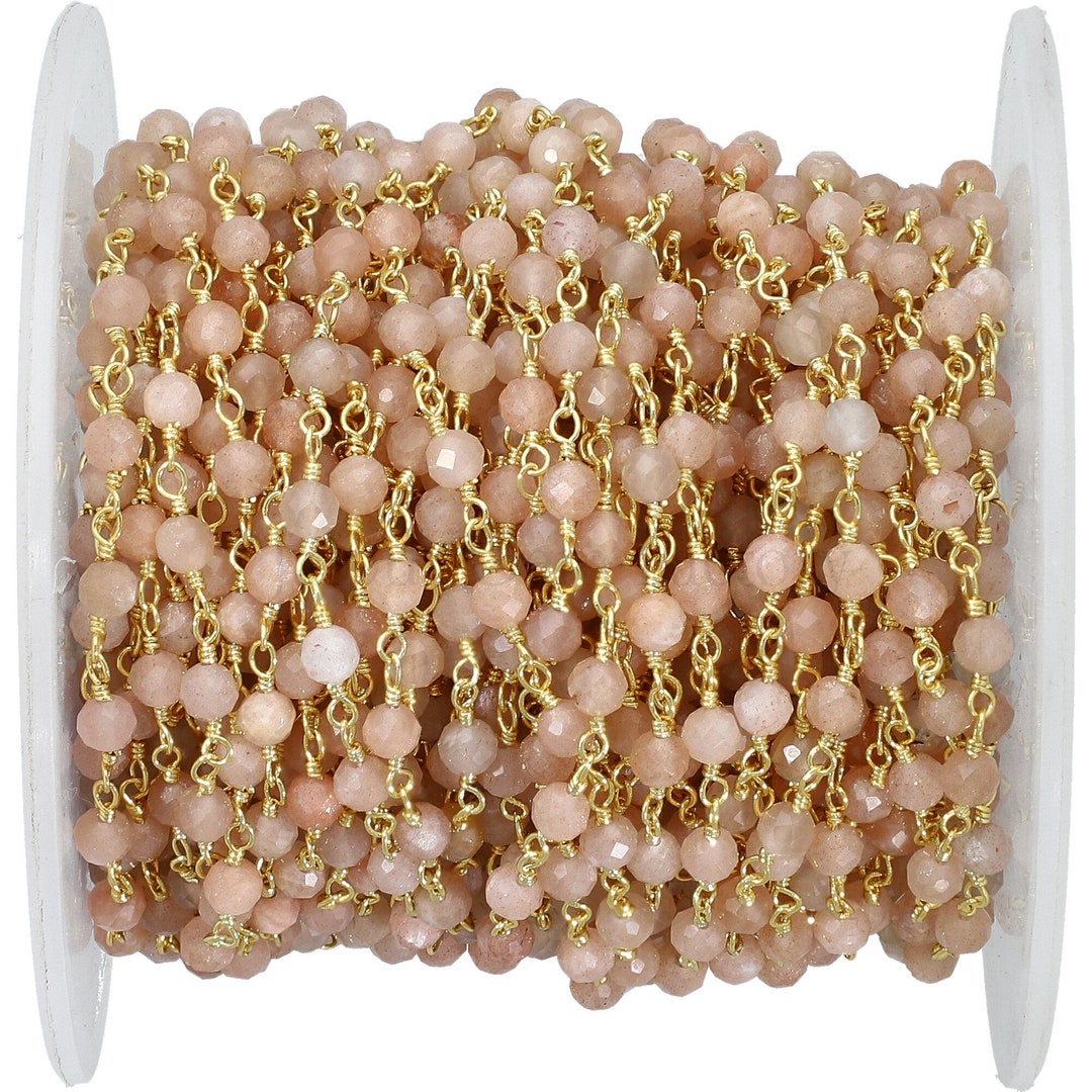 3-3.5mm Moonstone Beaded Rosary Chain Brass Gold Plated Wired Wrapped ...