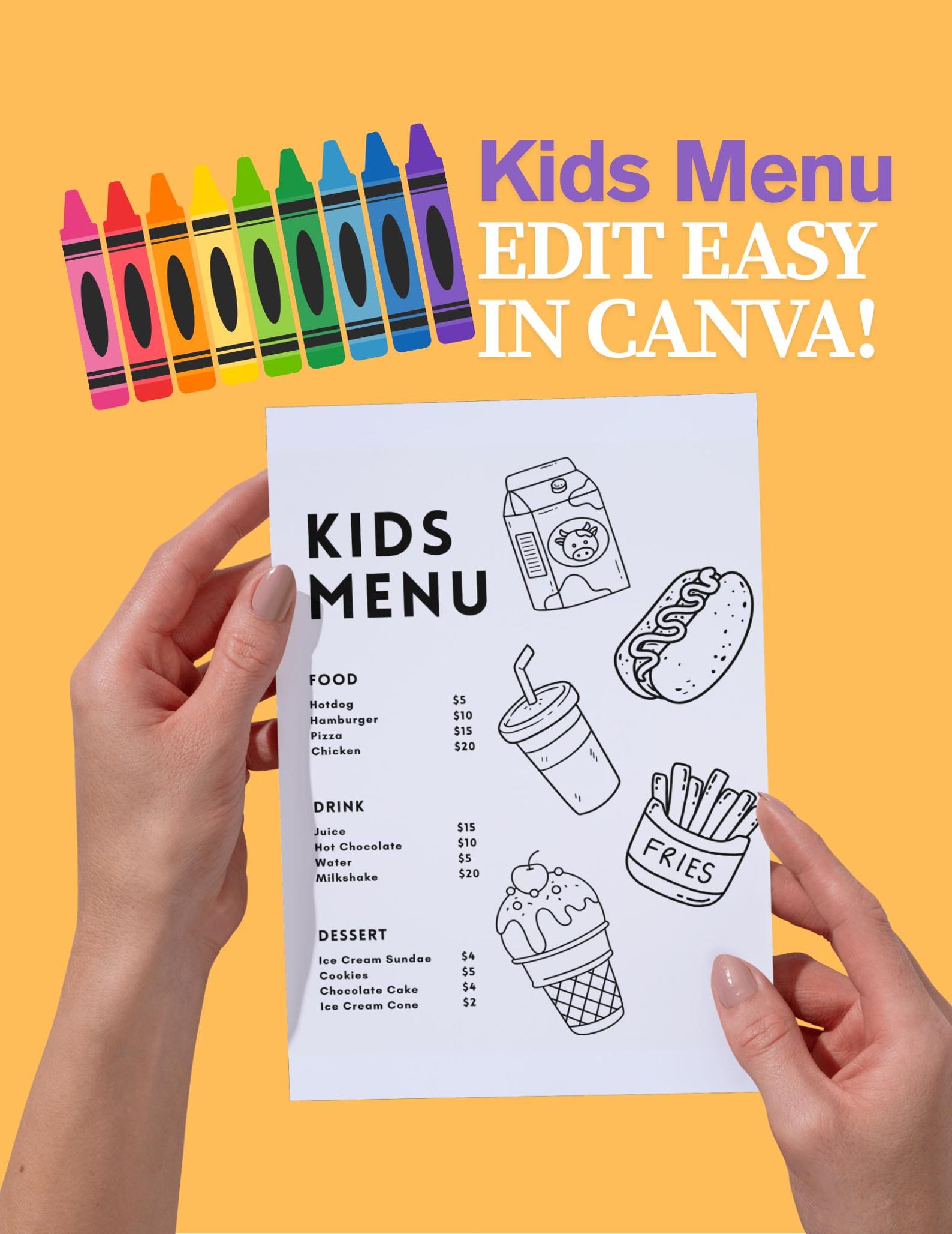 Editable Kids Menu Template - Printable Restaurant Menu for Kids With ...