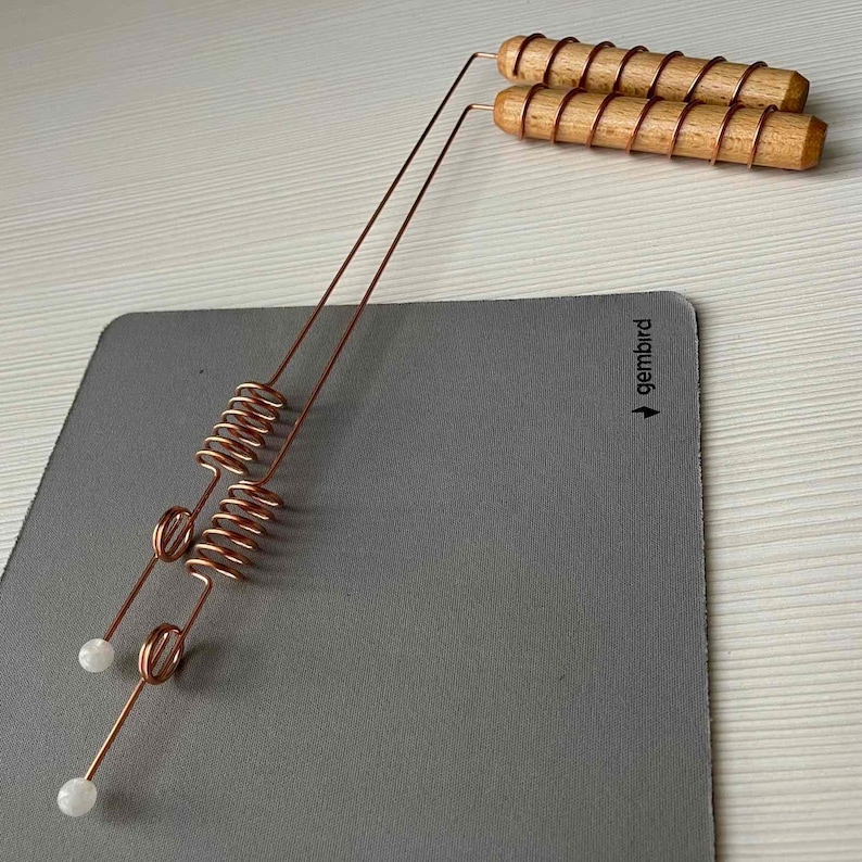 2 Copper Dowsing Rods With Crystals, Wooden Handles in a Copper Coil ...