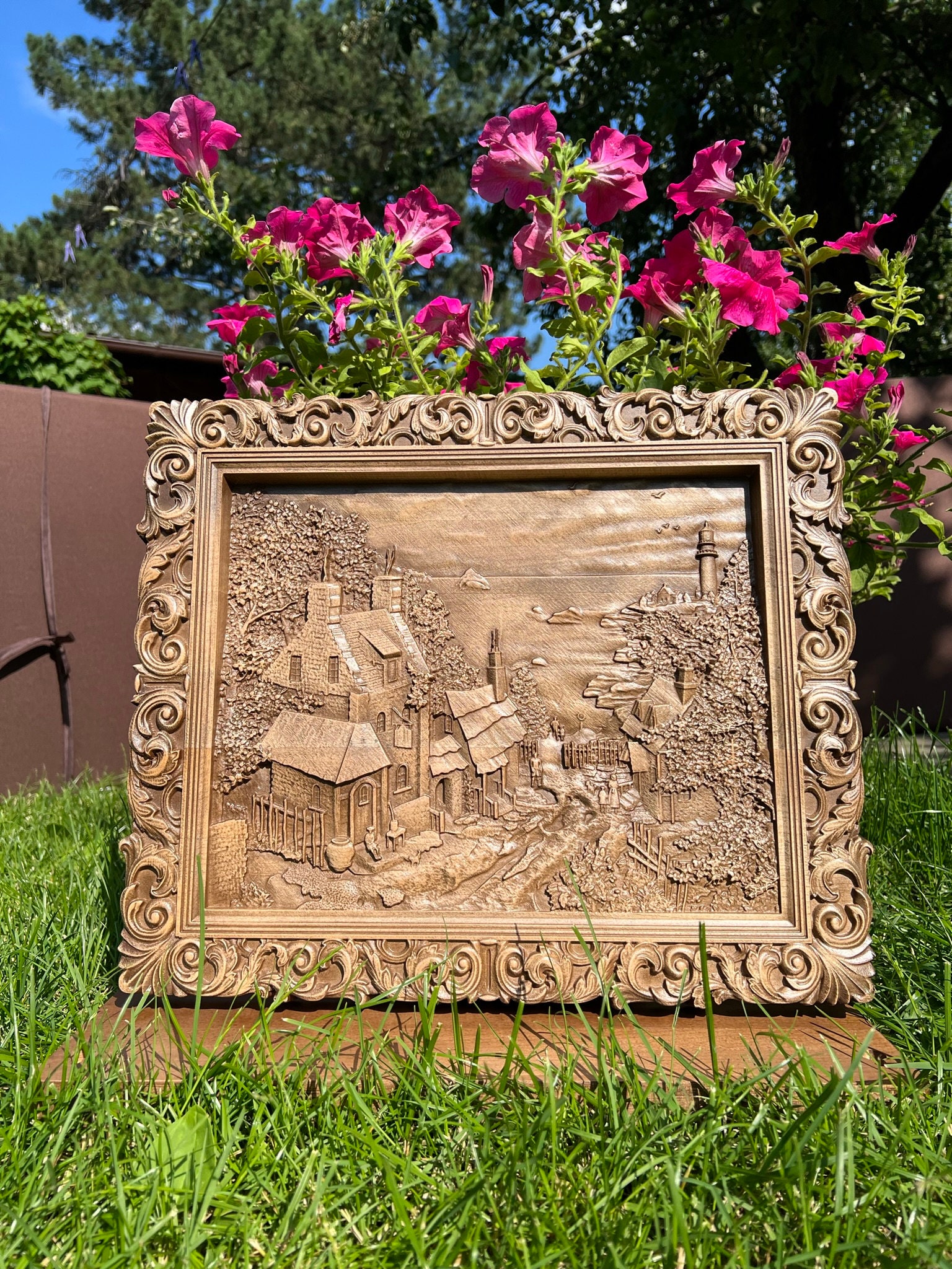 Seaside House Wooden Carved Picture Wooden Picture Wood Carving Picture ...