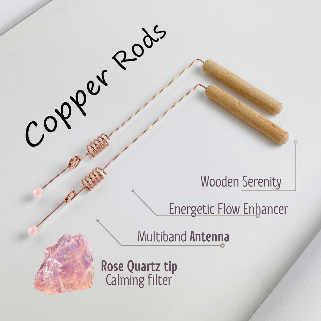 2 Copper Dowsing Rods With Double Resonator & Rose Quartz Tip | Pair of ...