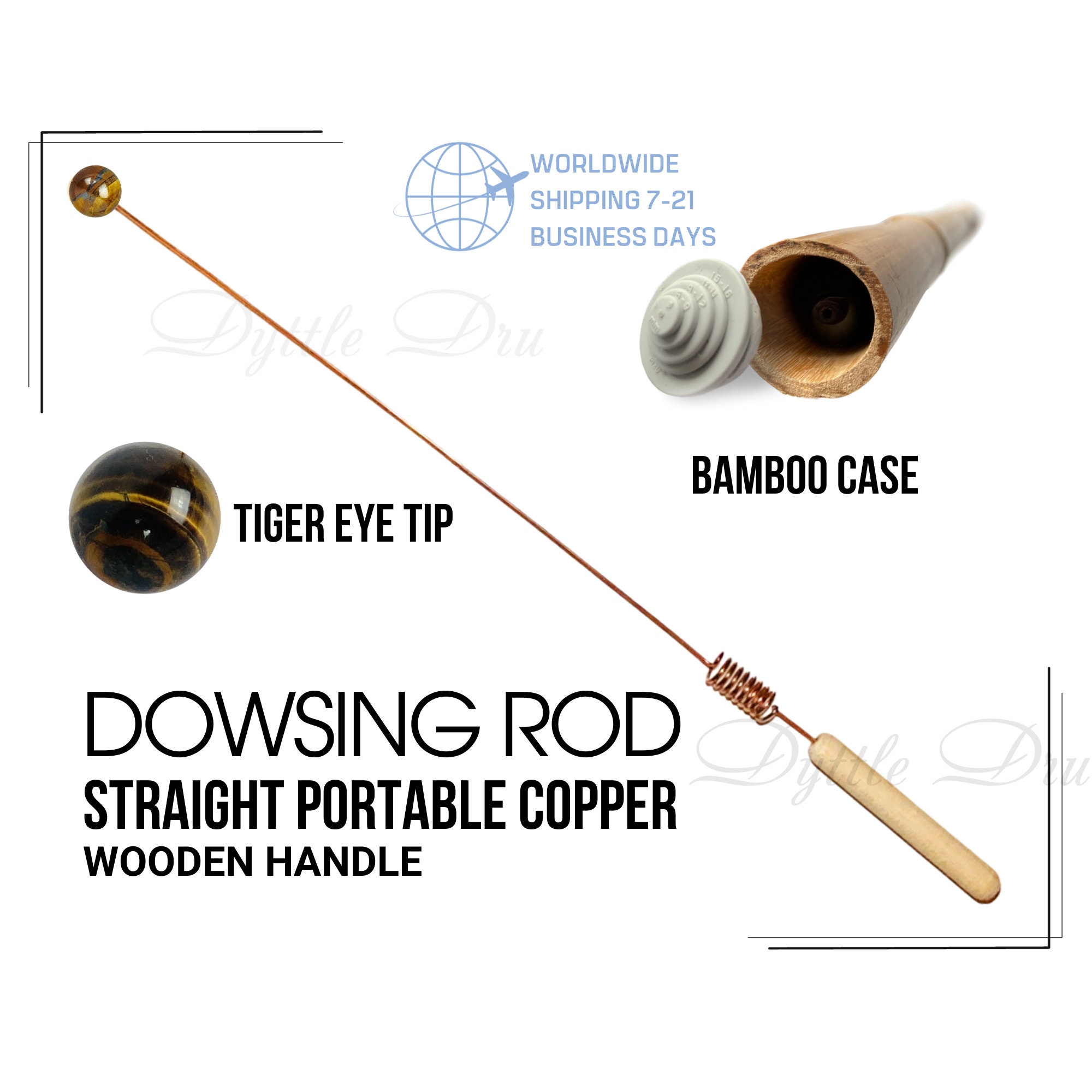 Dowsing Rod Bobber With Tiger's Eye Tip in Bamboo Case Copper Dowsing ...