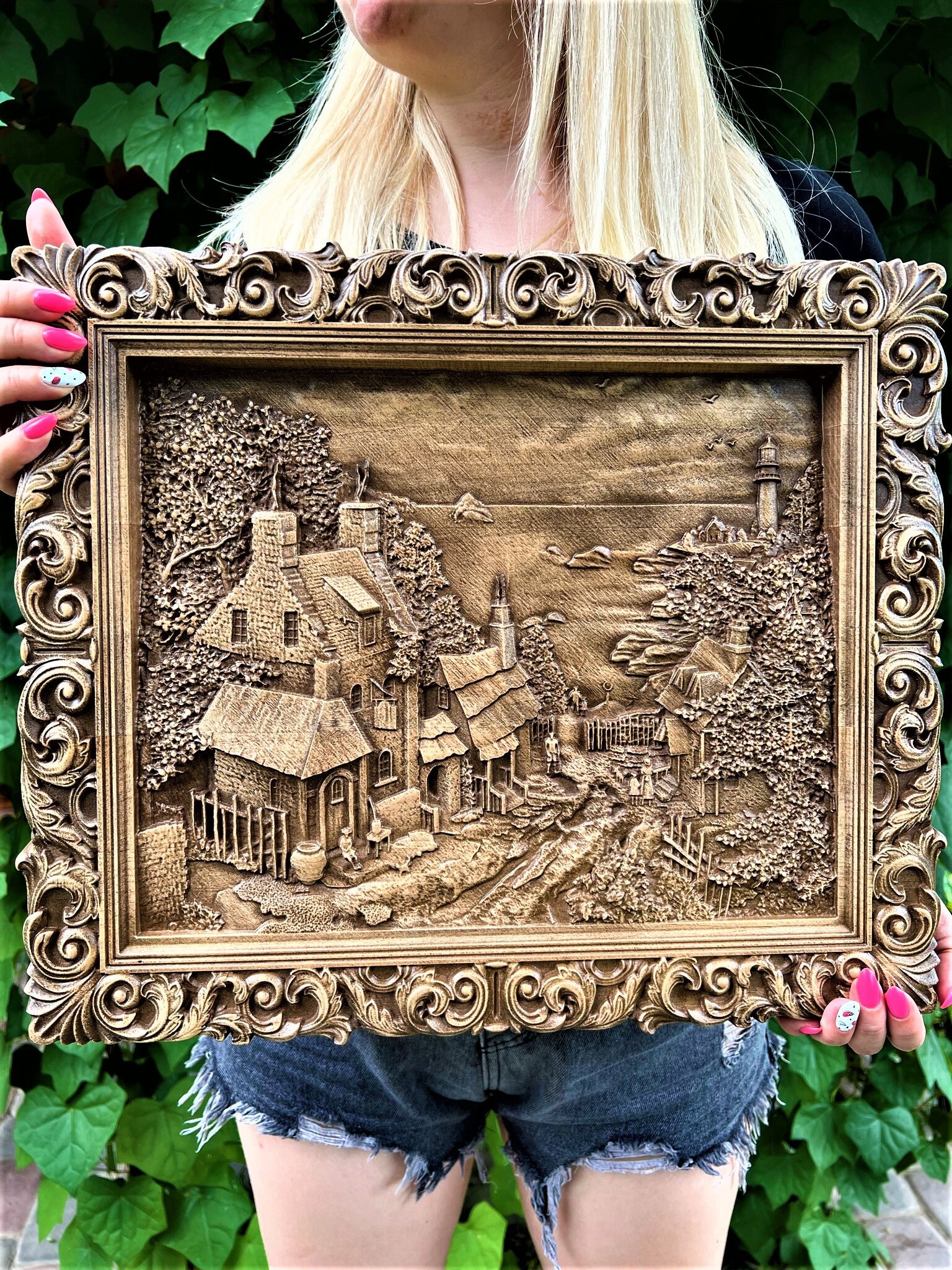 Seaside House Wooden Carved Picture Wooden Picture Wood Carving Picture ...