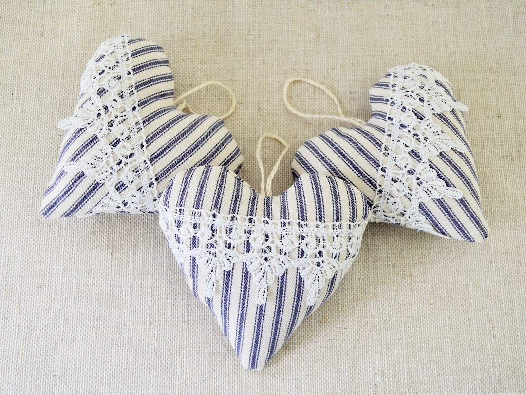 Ticking Stripe Heart Ornament Set: Farmhouse Lace Hearts - Etsy