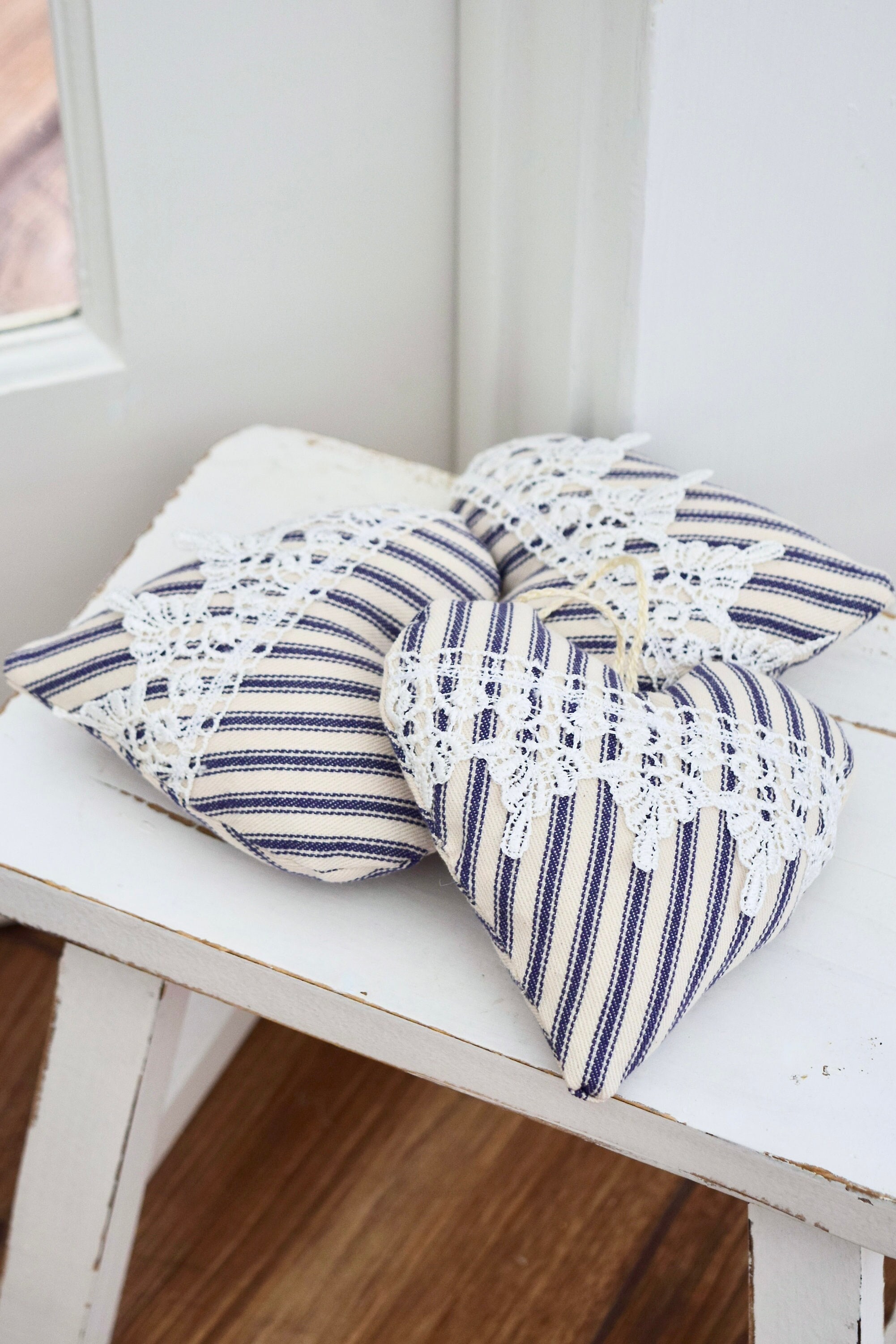 Ticking Stripe Heart Ornament Set: Farmhouse Lace Hearts - Etsy