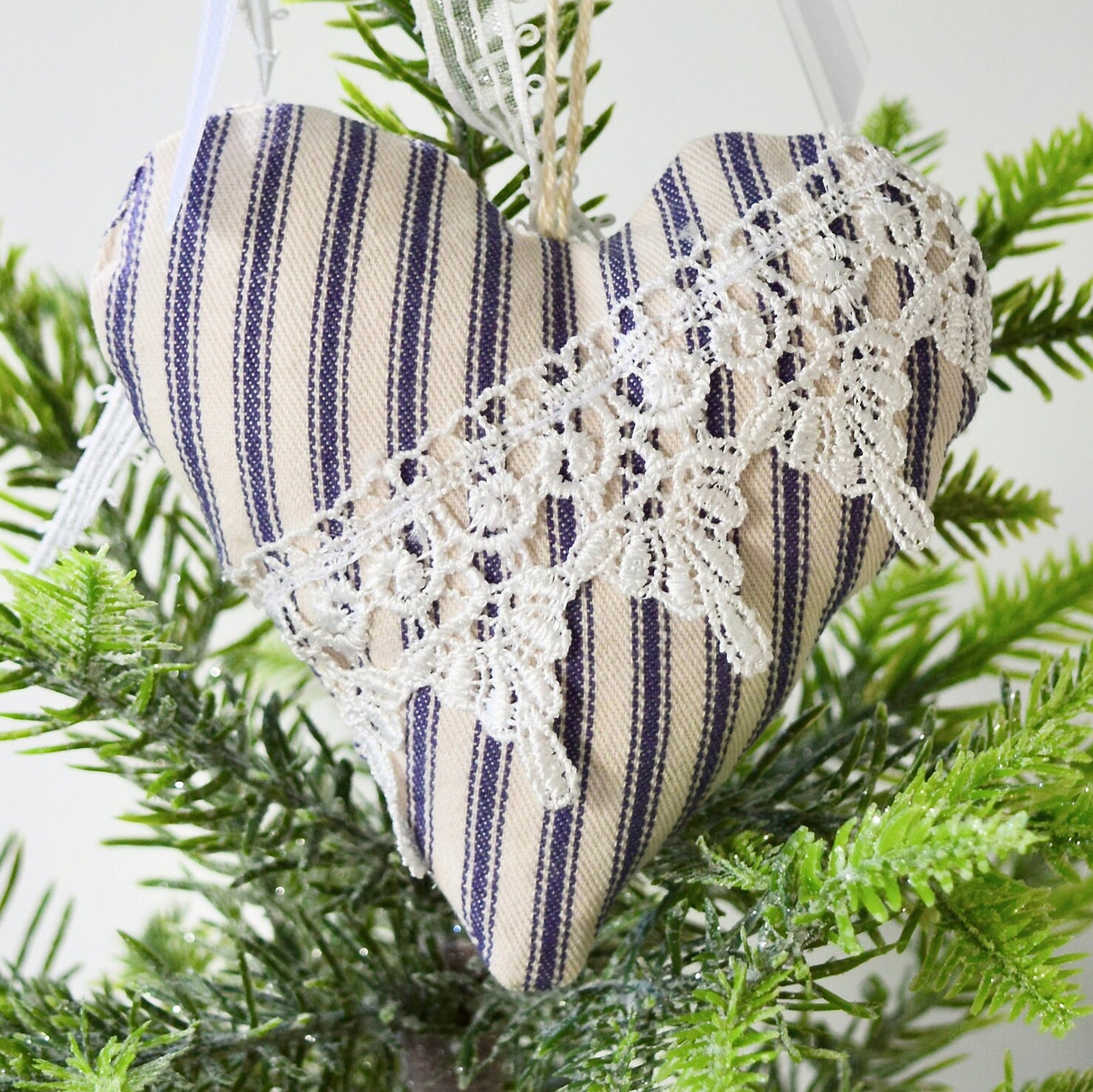 Ticking Stripe Heart Ornament Set: Farmhouse Lace Hearts - Etsy