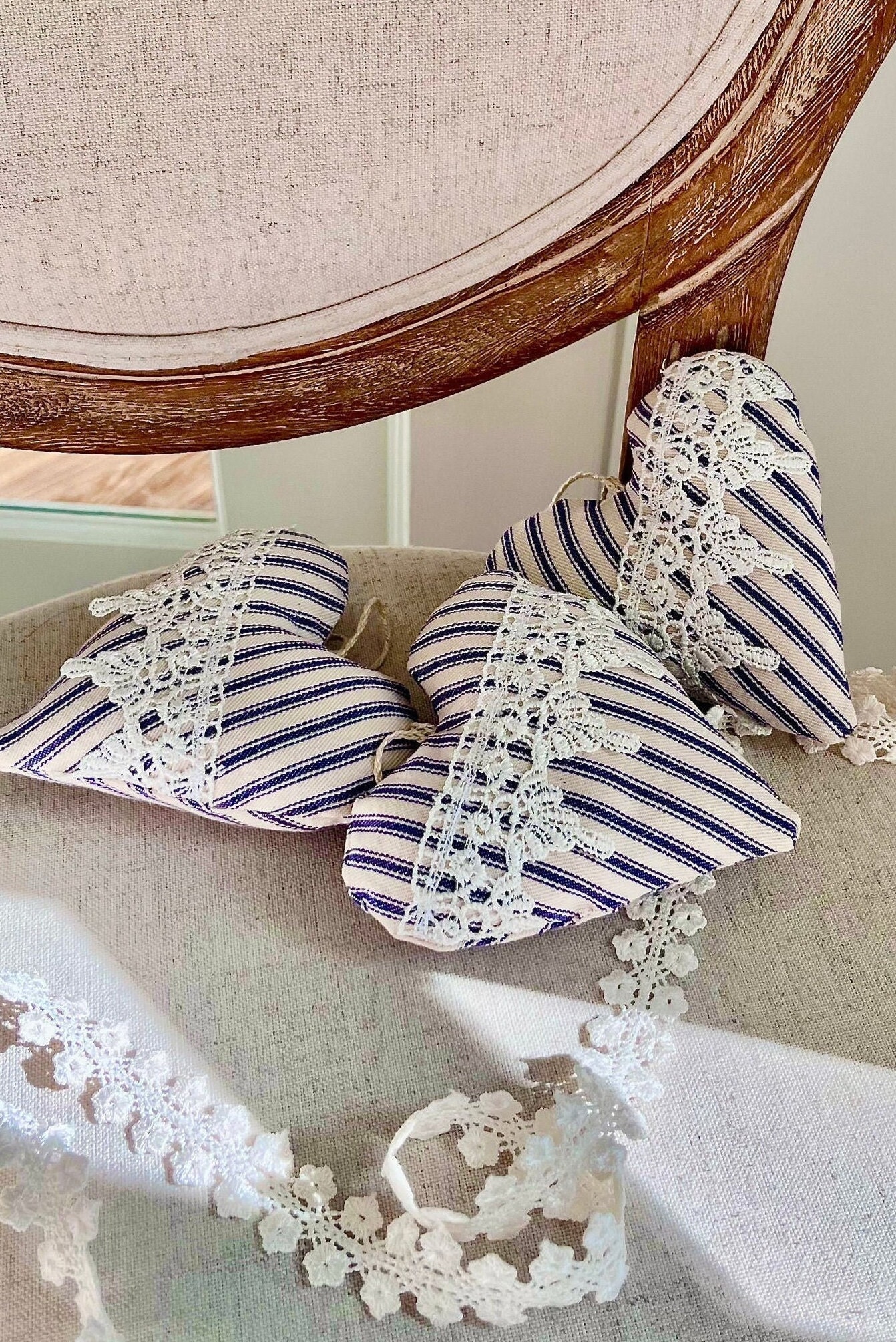 Ticking Stripe Heart Ornament Set: Farmhouse Lace Hearts - Etsy