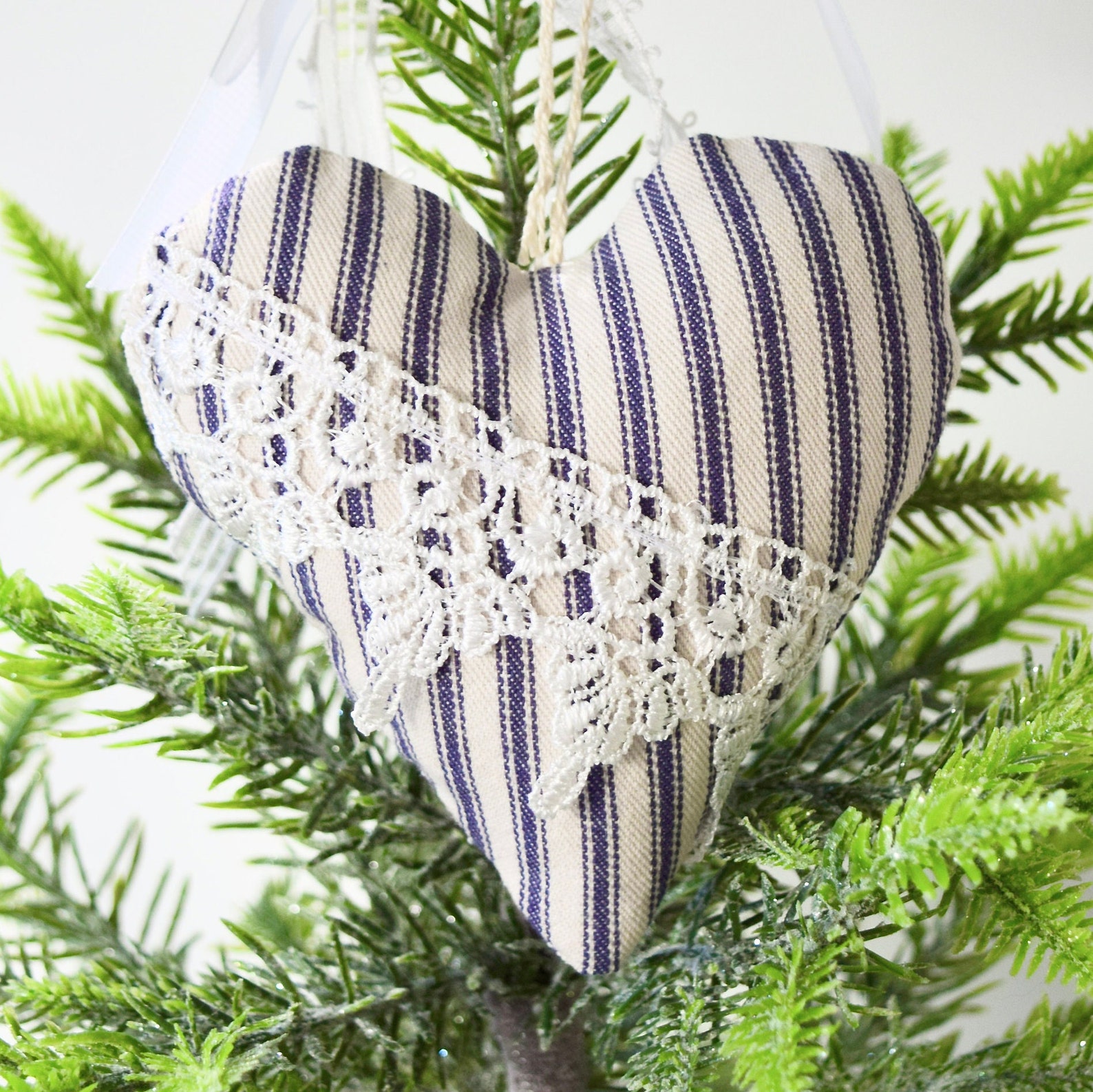Ticking Stripe Heart Ornament Set Farmhouse Ticking Stripe Ornament Set ...