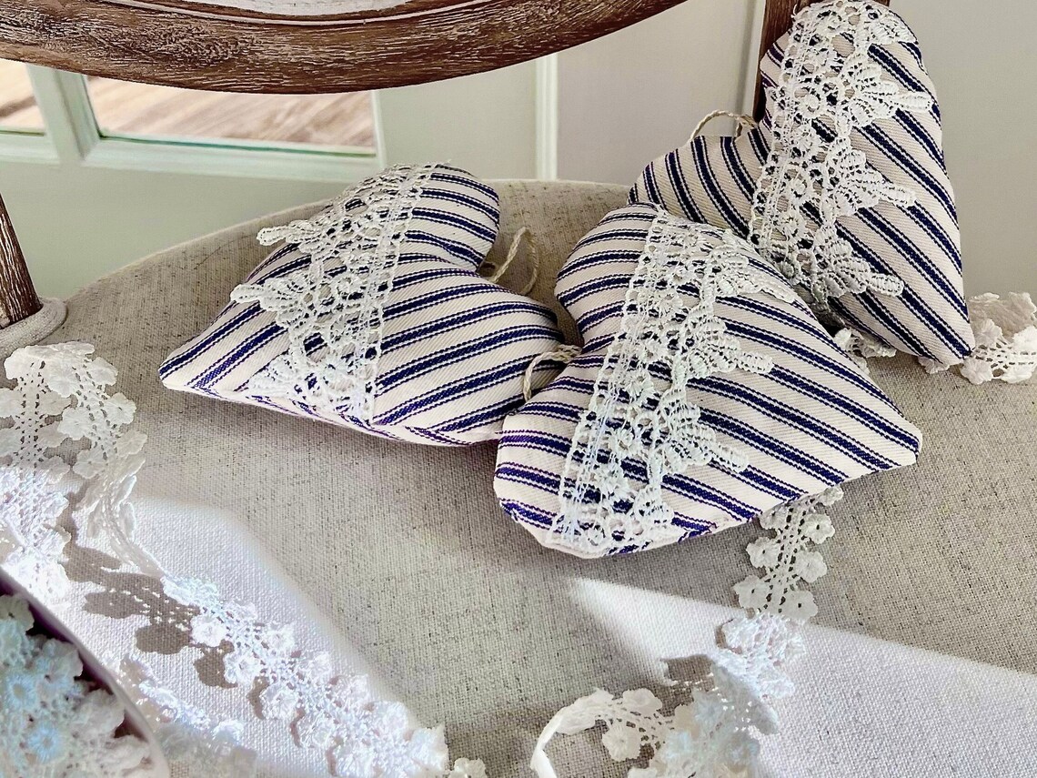 Ticking Stripe Heart Ornament Set Farmhouse Ticking Stripe Ornament Set ...