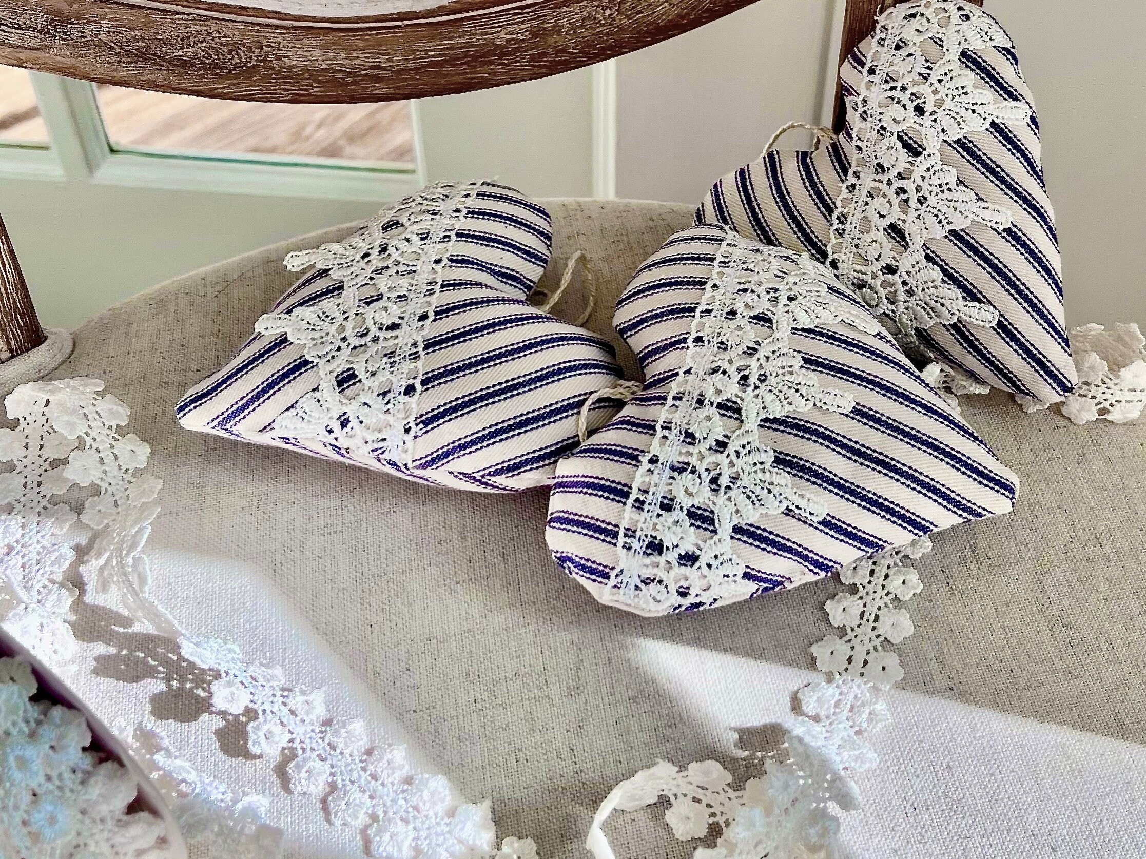 Ticking Stripe Heart Ornament Set: Farmhouse Lace Hearts - Etsy