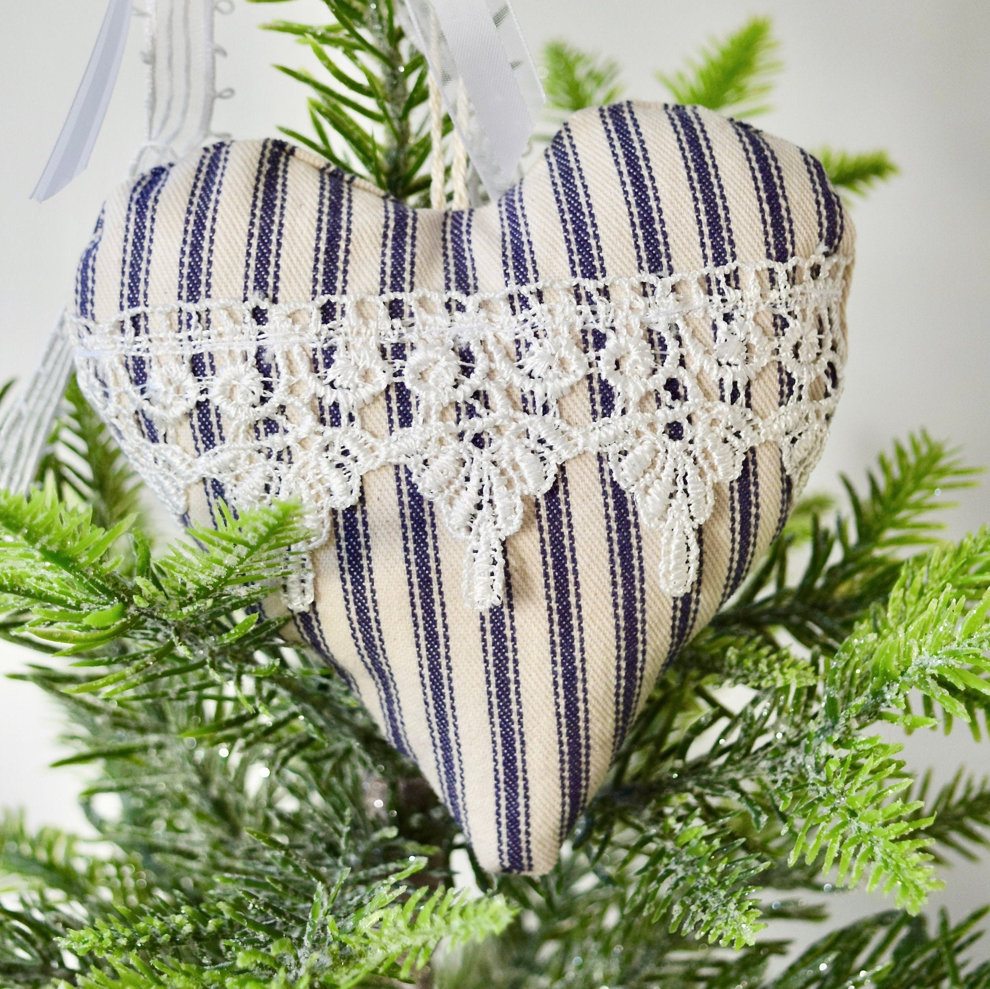 Ticking Stripe Heart Ornament Set: Farmhouse Lace Hearts - Etsy
