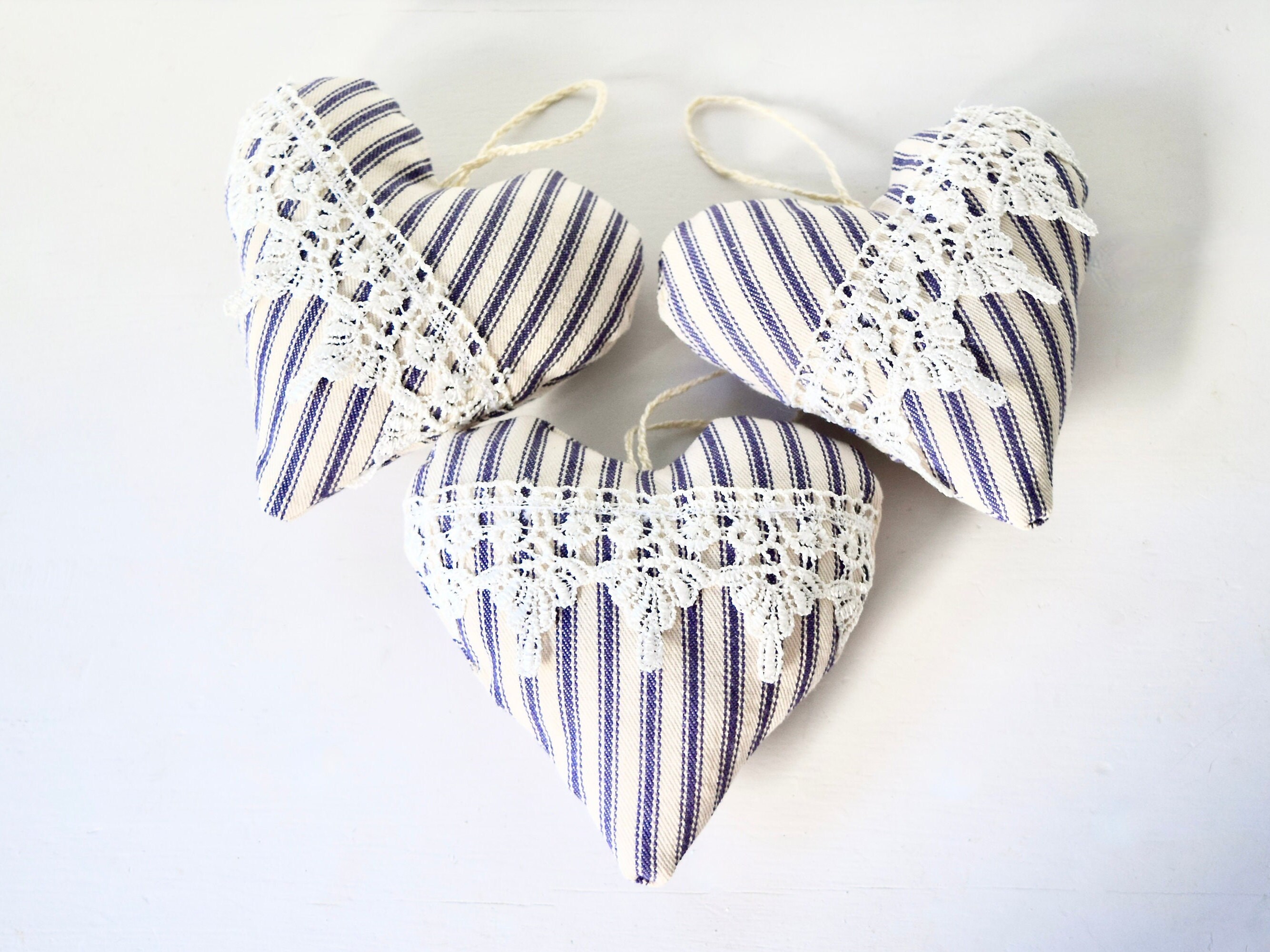 Ticking Stripe Heart Ornament Set: Farmhouse Lace Hearts - Etsy