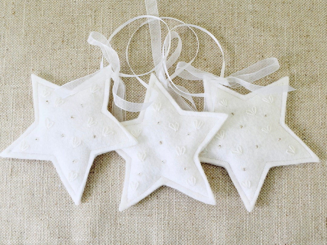 White Wool Felt Stars Ornament Set Hand Beaded Wool Felt Star Ornaments ...