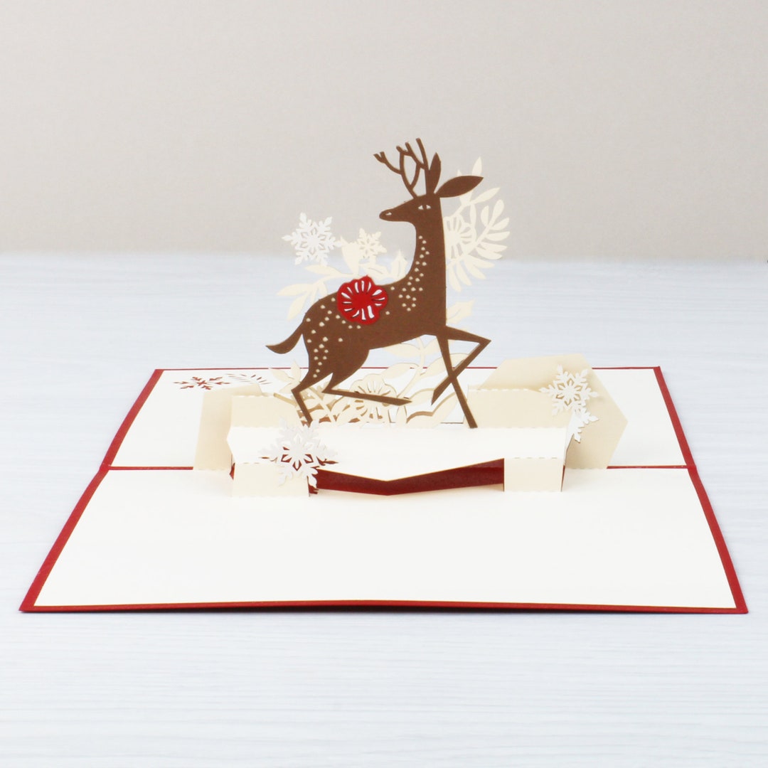 Christmas Reindeer 3d Pop up Card Festive Xmas Holiday Card Handcrafted ...