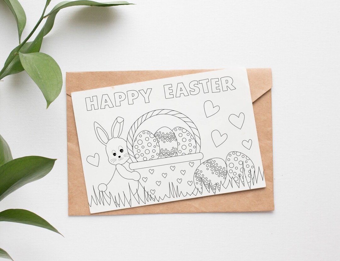 Happy Easter Coloring Card for Kids, Easter Bunny Card, Easter Greeting ...