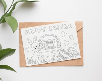 Happy Easter Coloring Card for Kids, Easter Bunny Card, Easter Greeting ...