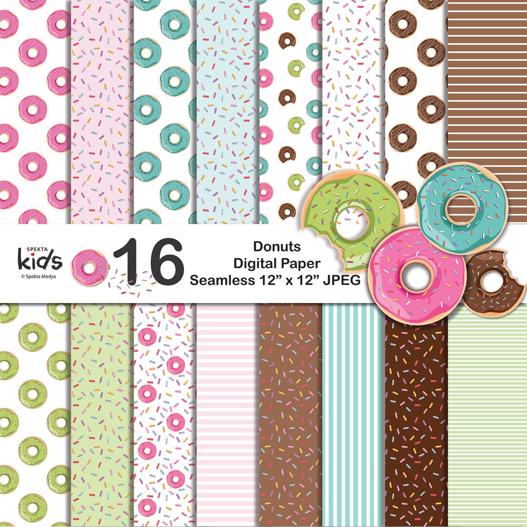 Donut Seamless Digital Papers for Scrapbooking, 16 Doughnut Party ...