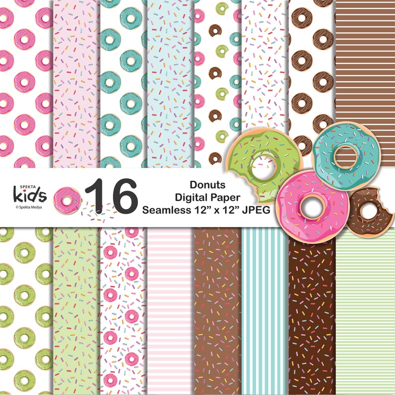 Donut Seamless Digital Papers for Scrapbooking, 16 Doughnut Party ...