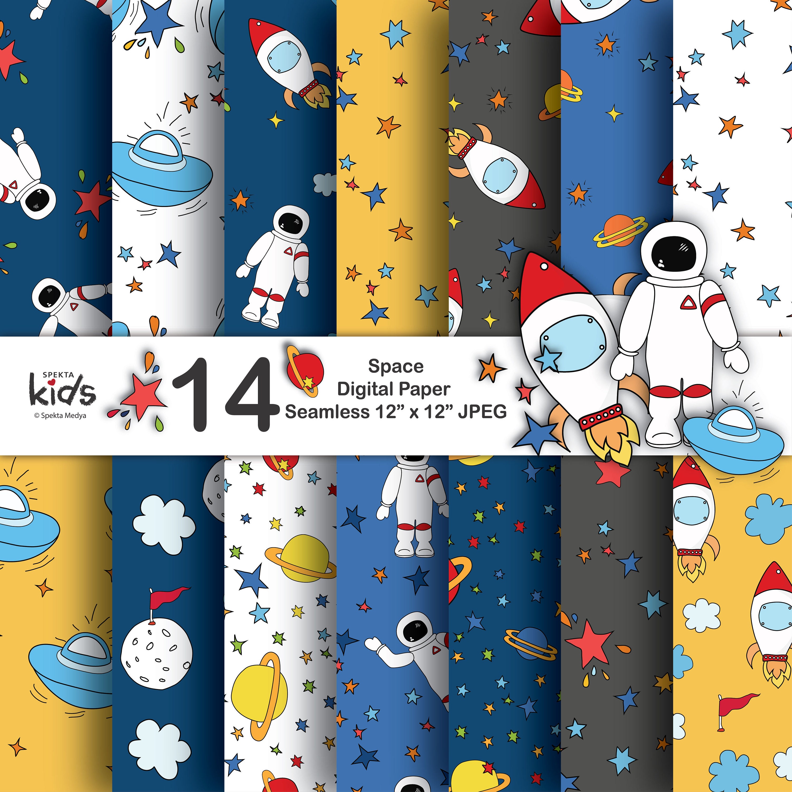 Space Digital Paper Pack , Seamless Digital Scrapbook With Astronaut ...