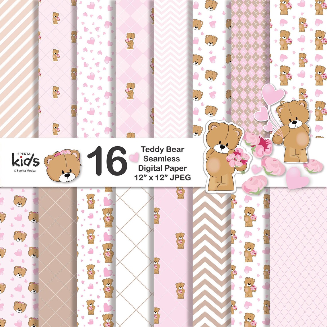 Pink Teddy Bear Theme, Seamless Digital Paper - Etsy