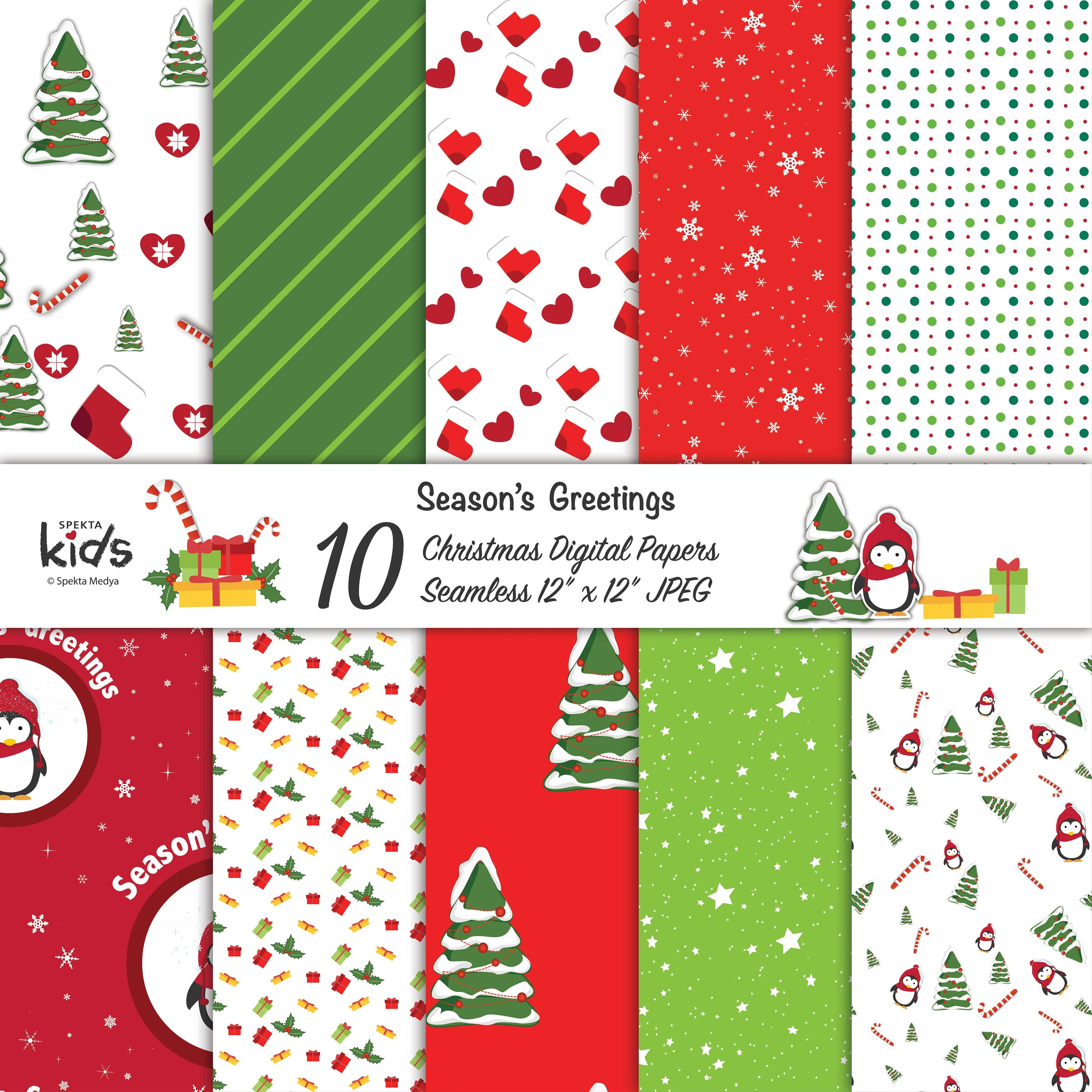 Paquete de papel digital de Navidad Seamless Hand Drawn Pattern Red ...