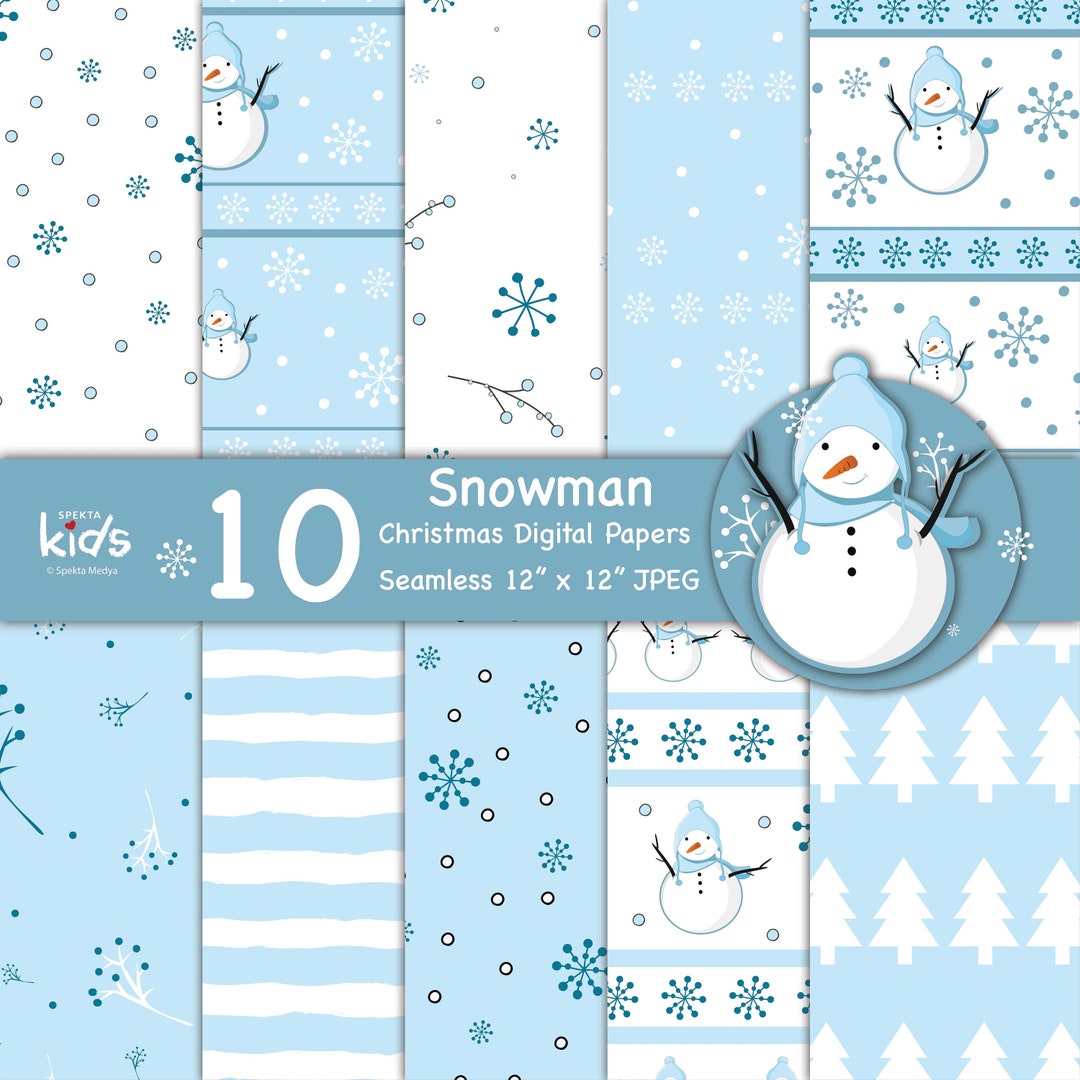 Blue Christmas Digital Paper Pack Seamless Hand Drawn Snowman Pattern ...