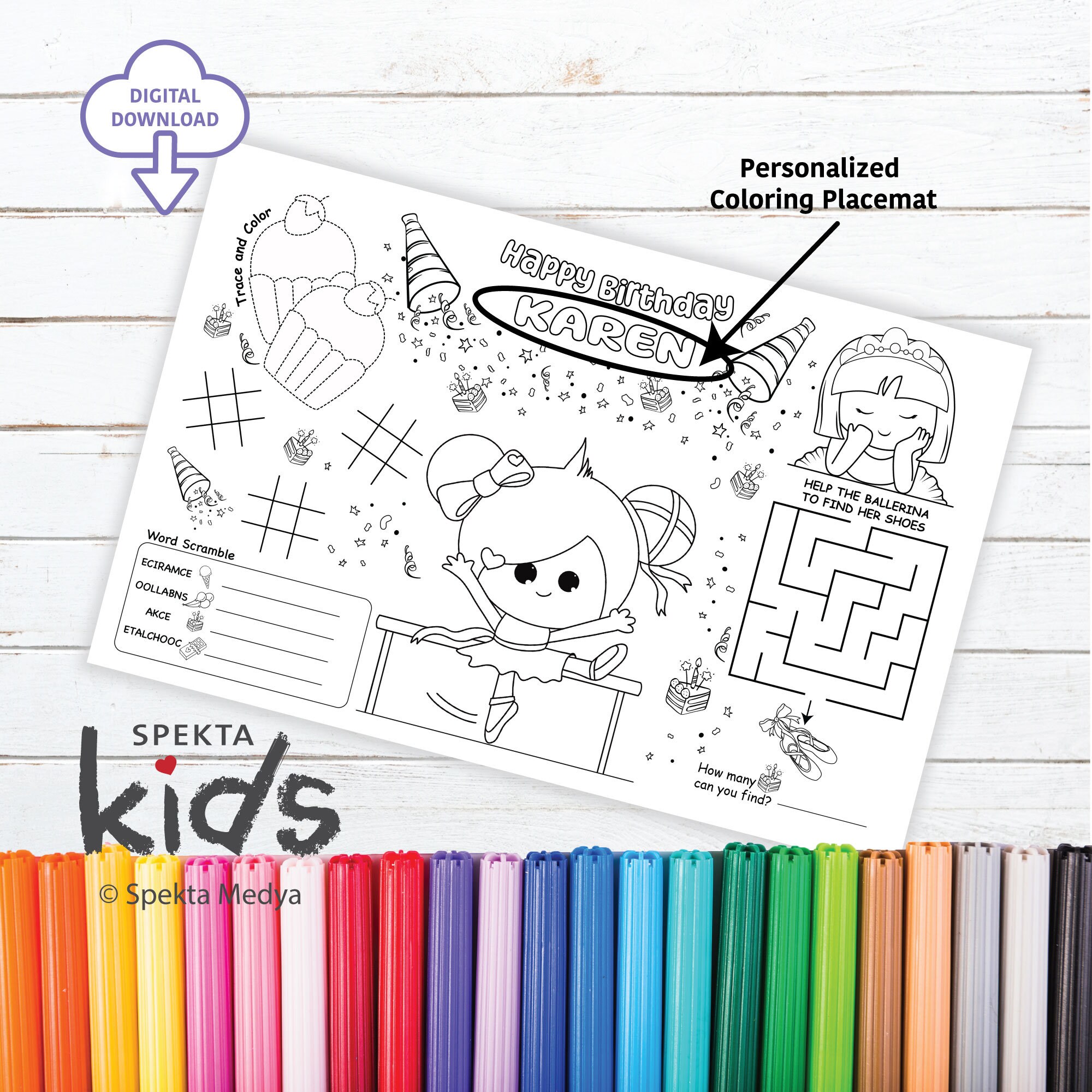 Ballerina Birthday Printable Placemat, Activity Birthday Coloring Page ...