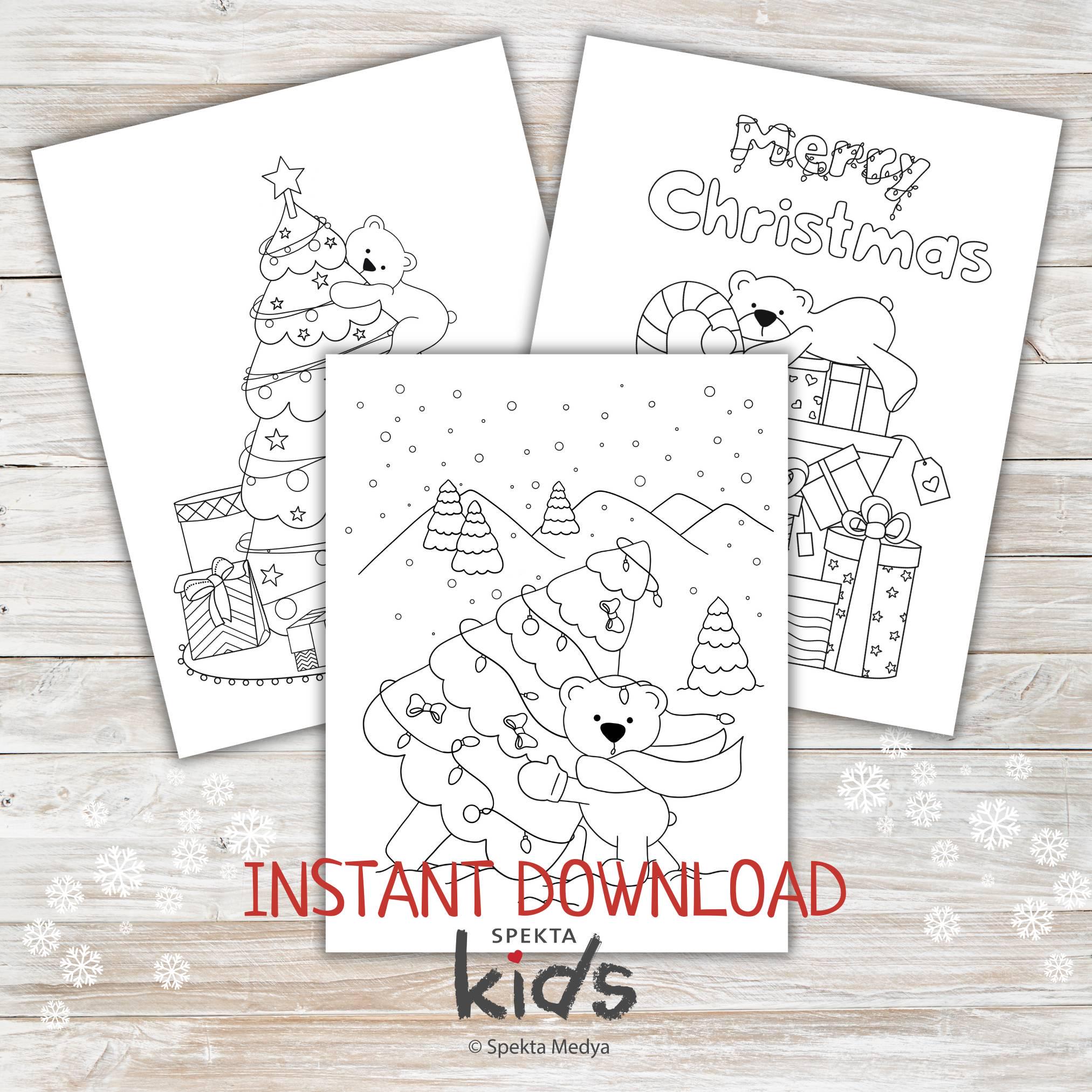 Teddy Bear With Christmas Tree Coloring Pages for Kids - Festive ...