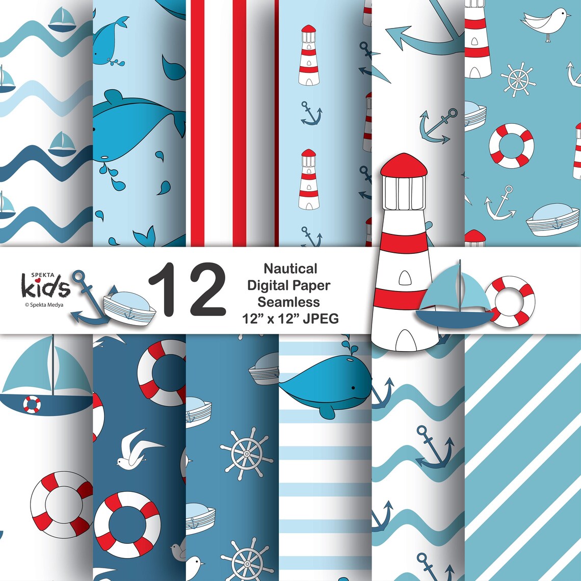 Nautical Digital Paper Pack, Seamless Digital Paper , Digital Scrapbook ...
