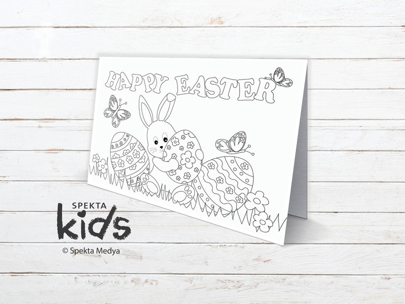 Happy Easter Coloring Card for Kids, Easter Bunny Card, Easter Greeting ...