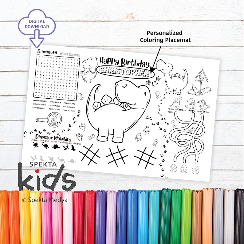 Personalized Dinosaur Birthday Party Coloring Placemat Kids' Activity ...