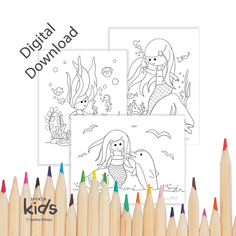 Mermaids Under the Sea Coloring Pages for Kids, Toddlers - Etsy