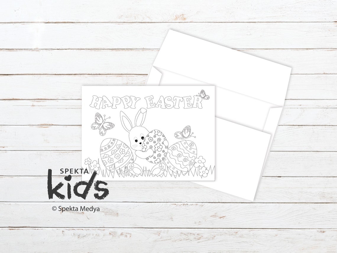Happy Easter Coloring Card for Kids, Easter Bunny Card, Easter Greeting ...