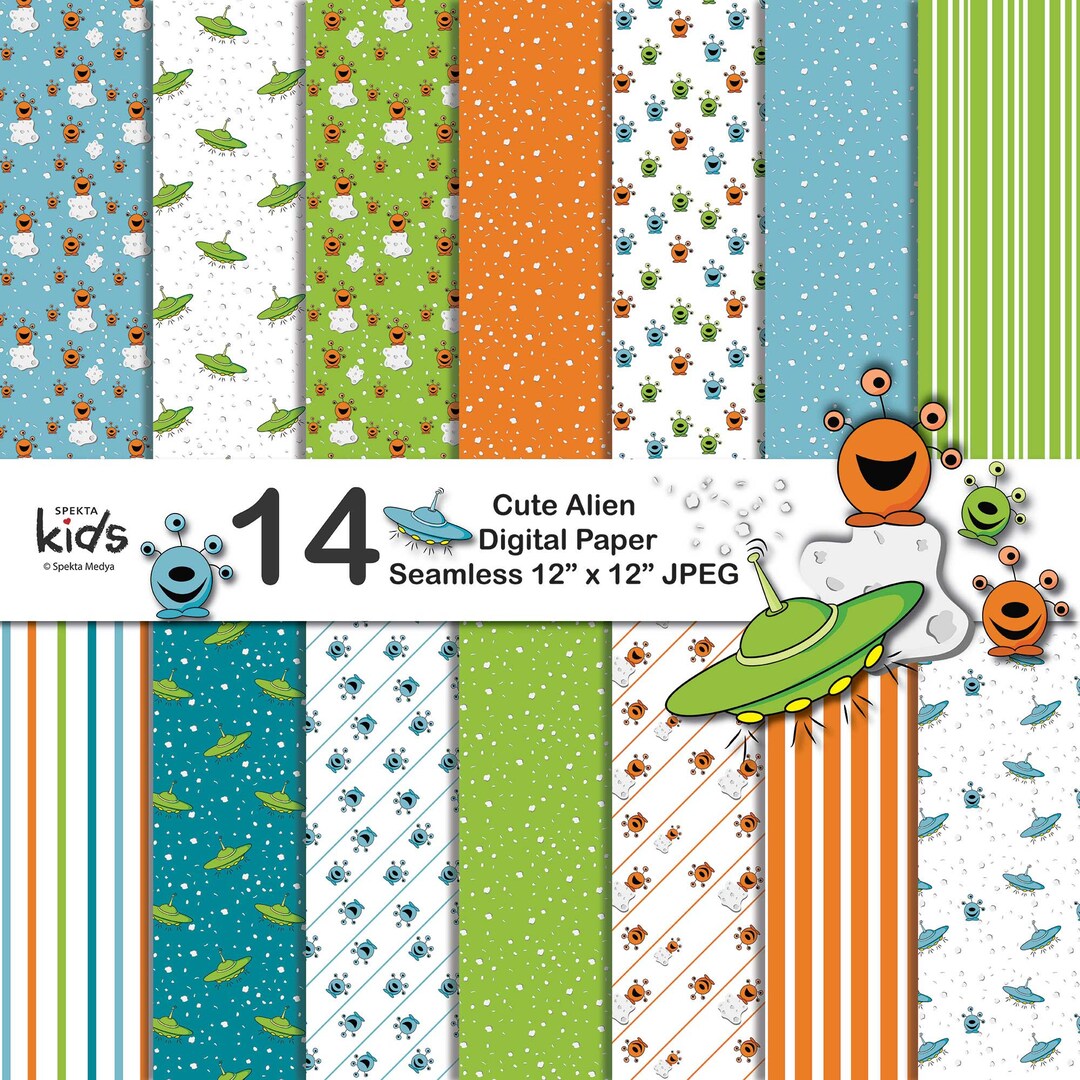 Cute Alien Digital Paper Pack , Seamless Digital Scrapbook With Baby ...