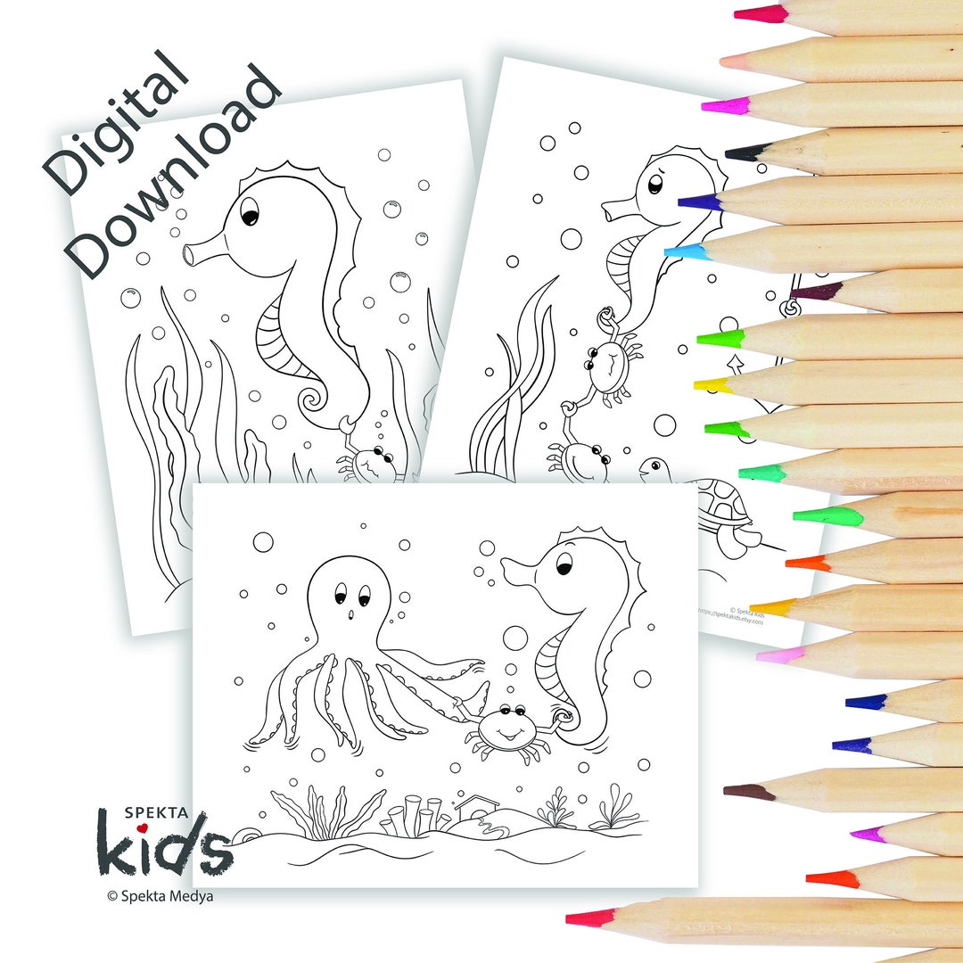 Sea Life Coloring Pages Cute Seahorse Design for Kids and Toddlers - Etsy